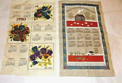 2 Vintage Bob Goryl Stevens Linen Calendar Kitchen Tea Towel Bless This ...