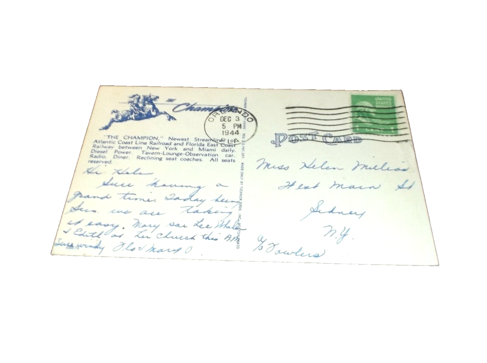 1944 ACL ATLANTIC COAST LINE RAILROAD STREAMLINER CHAMPION LINEN POST ...