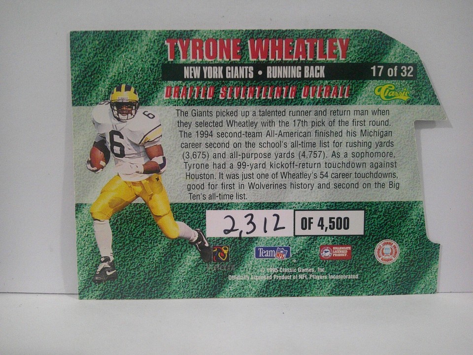 1995 Classic NFL Draft 1st Round Picks /4500 Tyrone Wheatley #17 Rookie ...