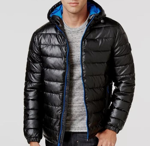 $276 Cole Haan Men's Black Faux-Leather Puffer Coat Jacket Size Medium ...