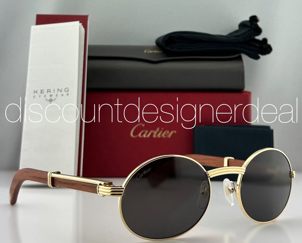 Cartier Oval Sunglasses Yellow Gold Frame Brown Wood Gray Lens CT0464S ...