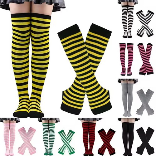 Women Gothic Over Knee Striped Socks and Arm Sleeve Set Winter Warm ...