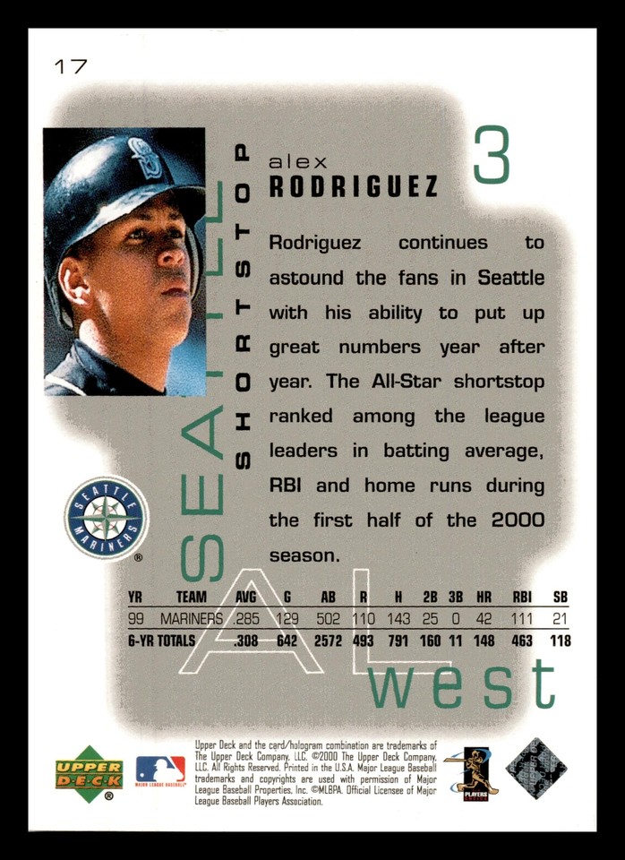 Alex Rodriguez 2000 Upper Deck Pros & Prospects #17 Seattle Mariners ...