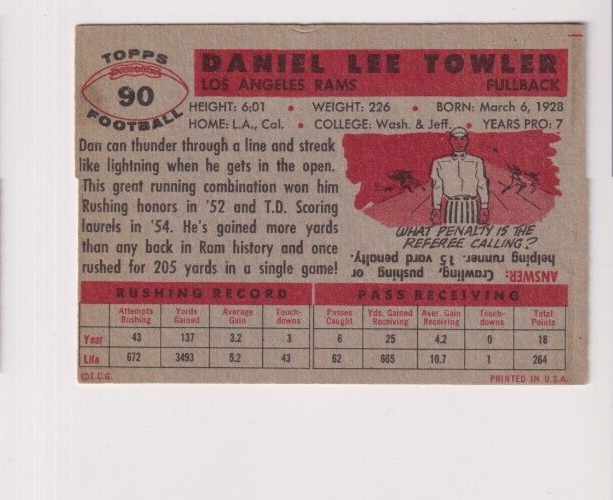 DAN TOWLER 1956 TOPPS FOOTBALL #90 LOS ANGELES RAMS VINTAGE FOOTBALL ...