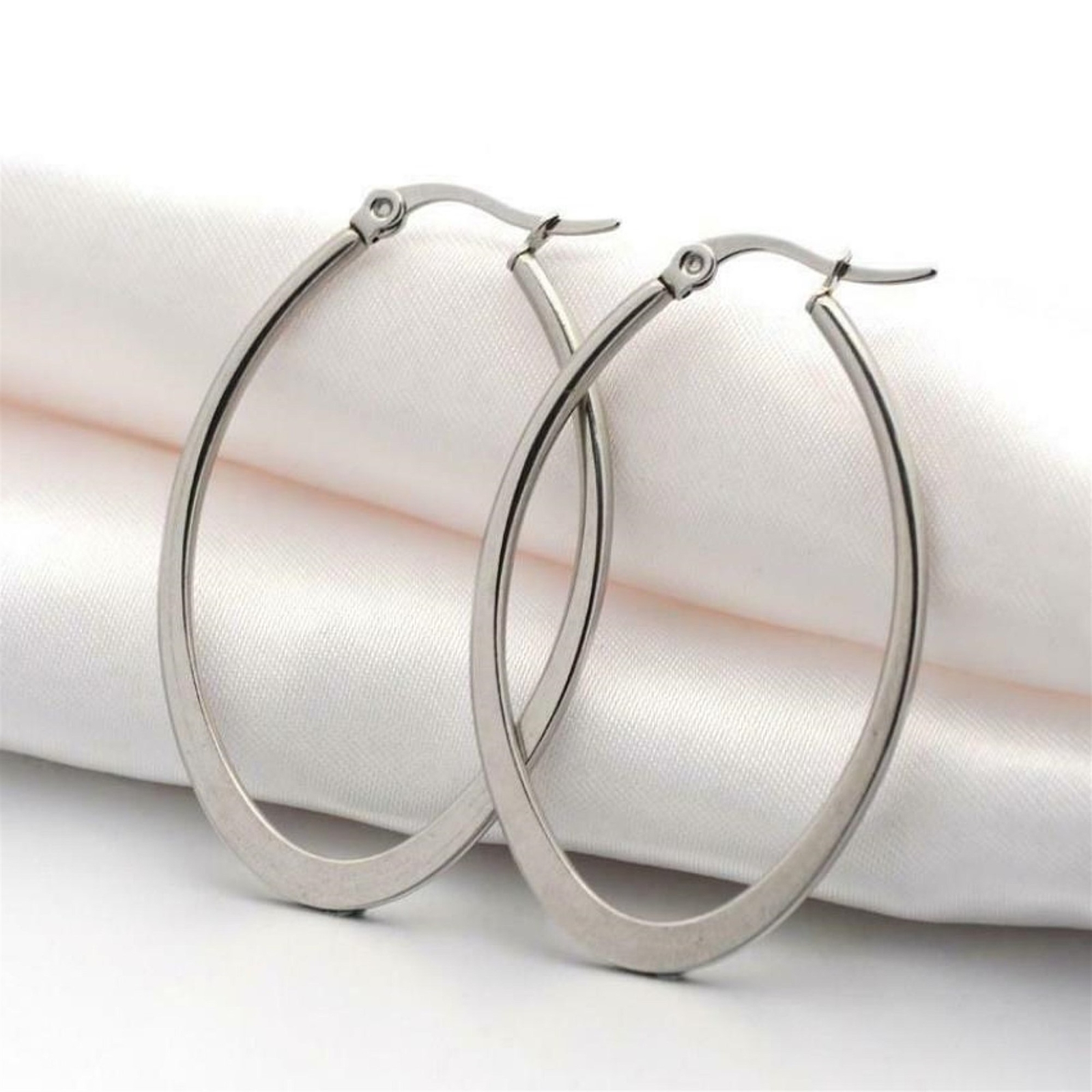 Surgical Stainless Steel Bladed Oval 44x27mm Silver Hoop Earrings | eBay