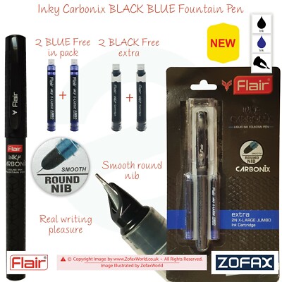 FLAIR Inky Carbonix BLACK BLUE Liquid Ink Round Nib Soft Fountain Pen ...