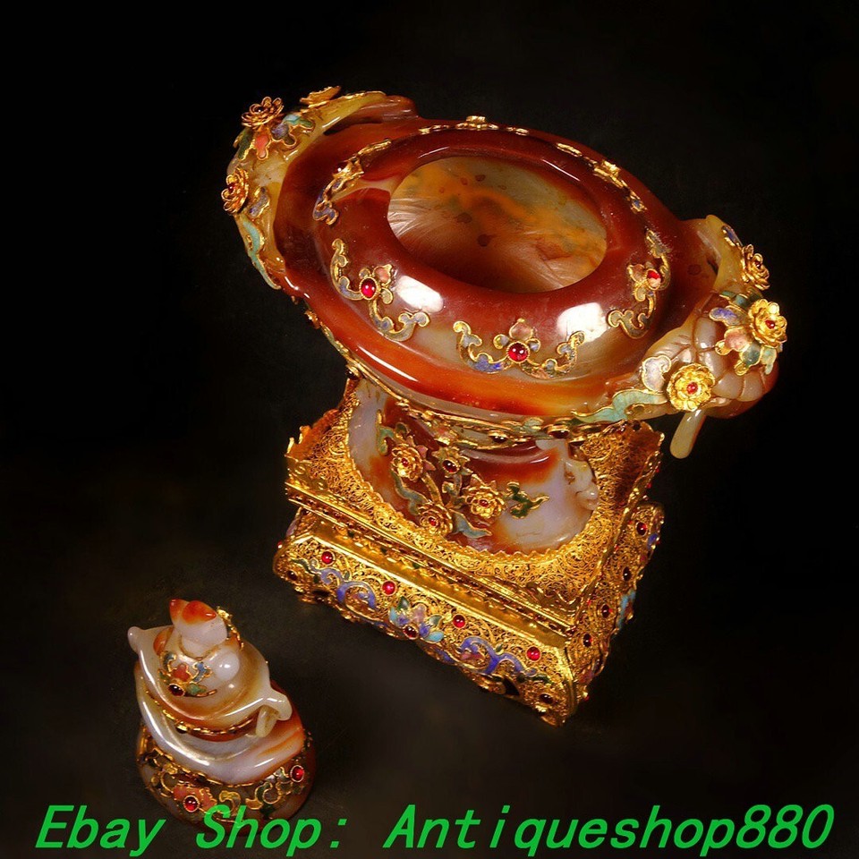 15'' Old Natural Agate Inlay Gems Gold Filament Yuanbao Incense Burner ...