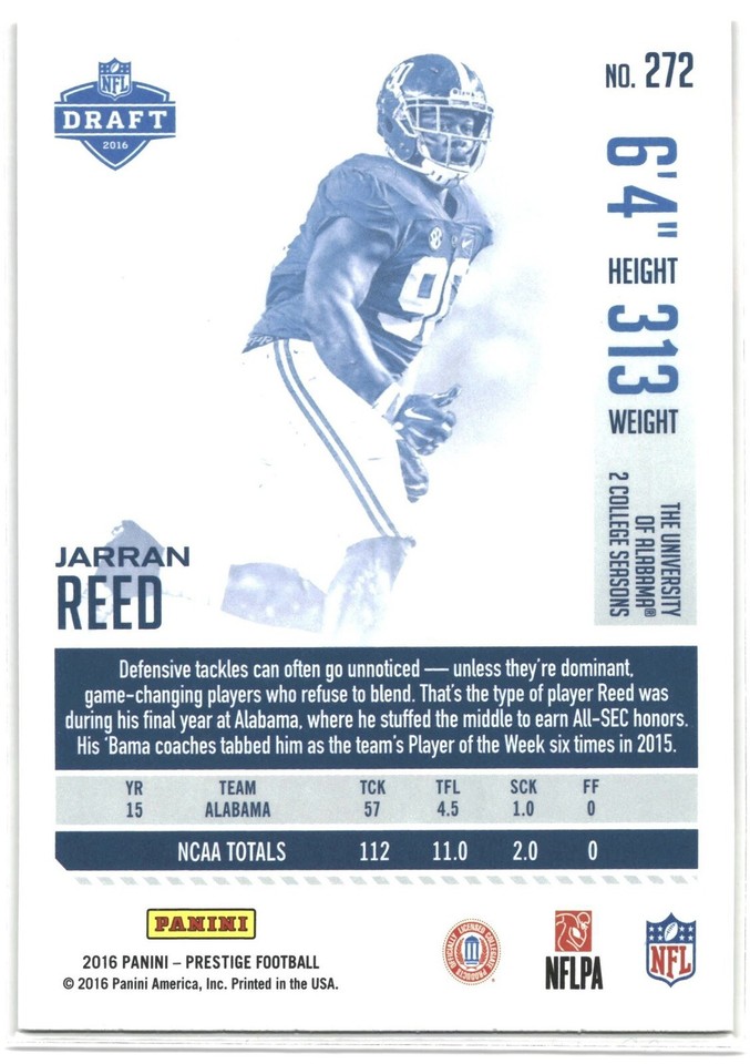 2016 Panini Prestige Jarran Reed Rookie Seattle Seahawks #272 | eBay