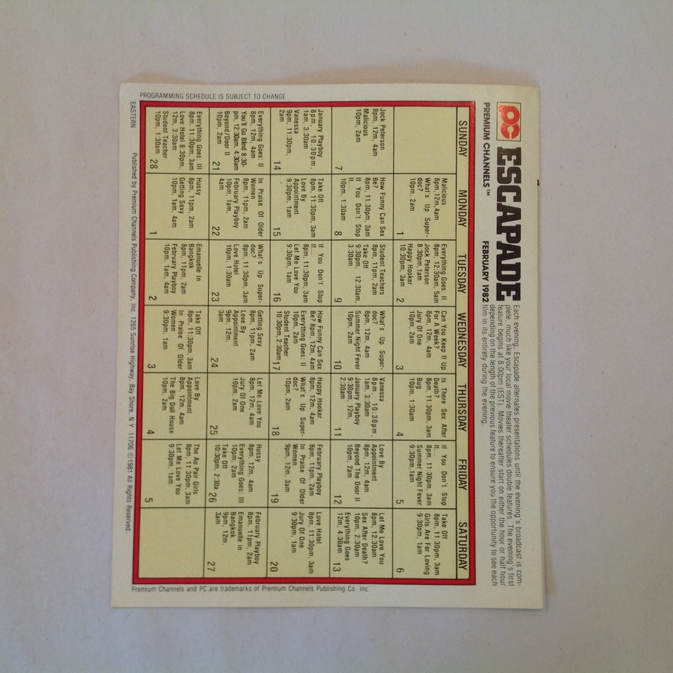 Vtg Feb 1982 Premium Channels PC Escapade Cable TV Guide Praise of ...