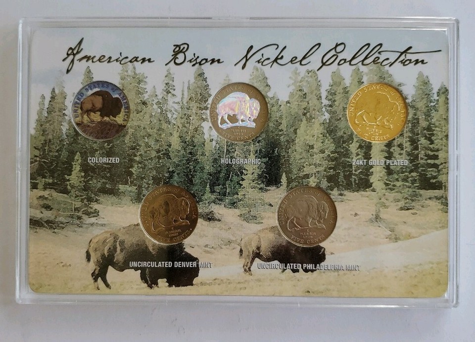 2005 American Bison Nickel Collection Set Hologram,24K Gold plate, unc ...