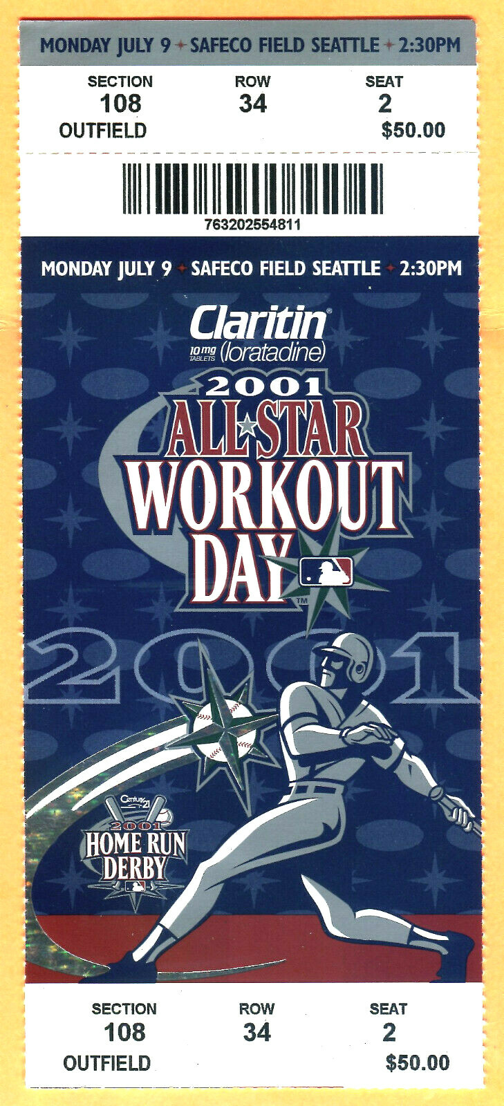 2001 MLB ALL STAR GAME HR DERBY FULL TICKET@MARINERS-PUJOLS & ICHIRO ...