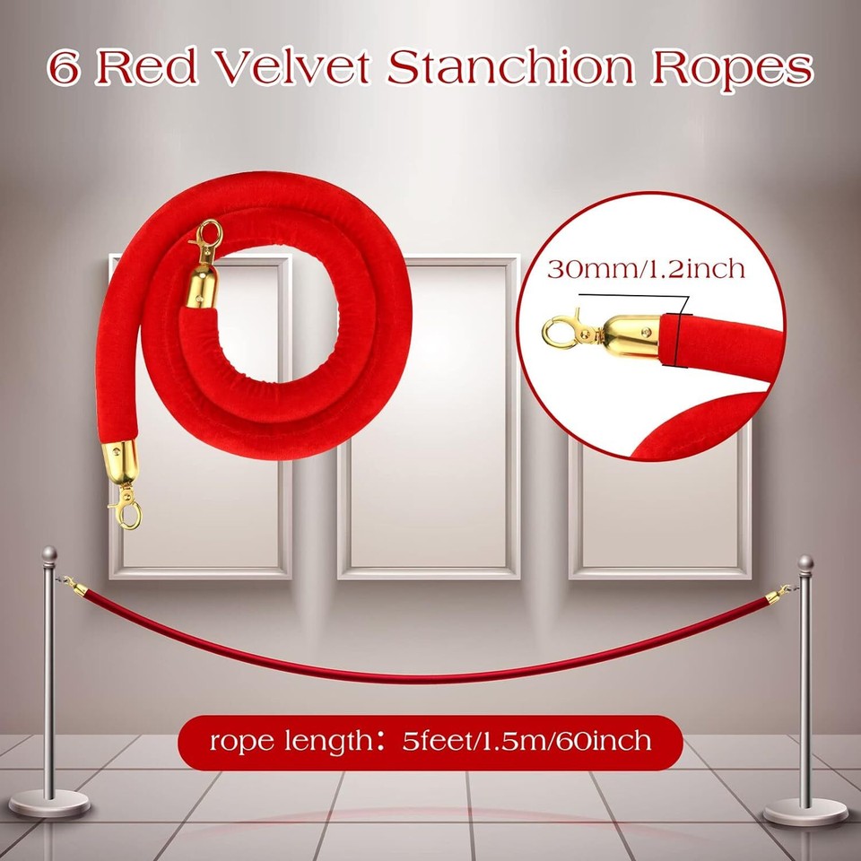 6 Pcs Velvet Stanchion Rope Red Carpet Party Decorations 5ft Crowd ...