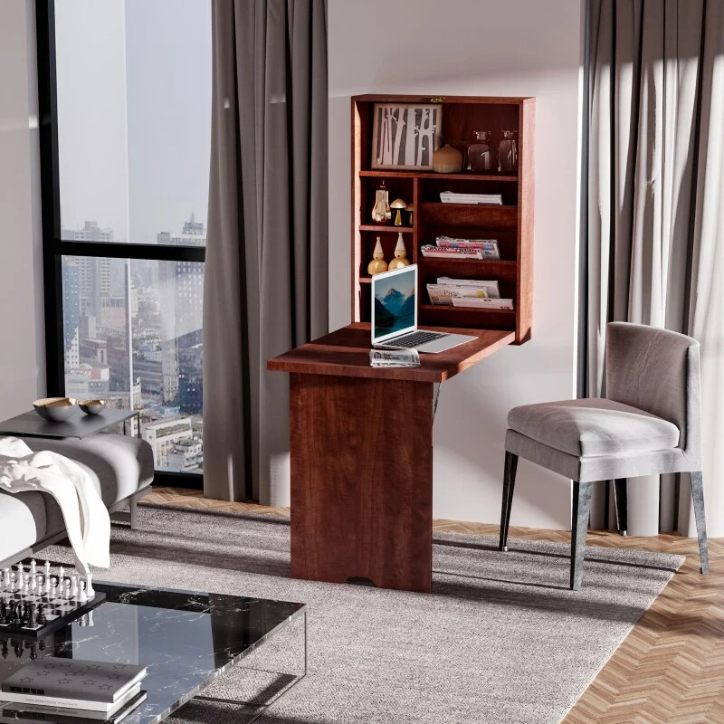 HOMCOM Wall Mounted Desk Convertible Fold Out Office Table W/Shelves ...
