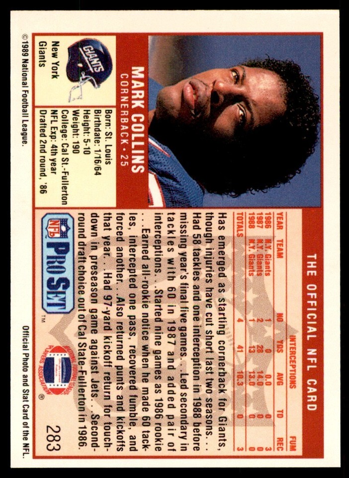 1989 Pro Set Mark Collins Football Cards #283 | eBay