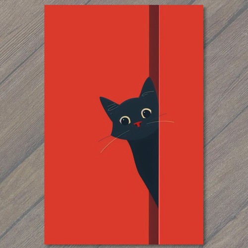 5x7" Black Cat Yellow Eyes Pet Red Background Painting Cute Fun Feline ...
