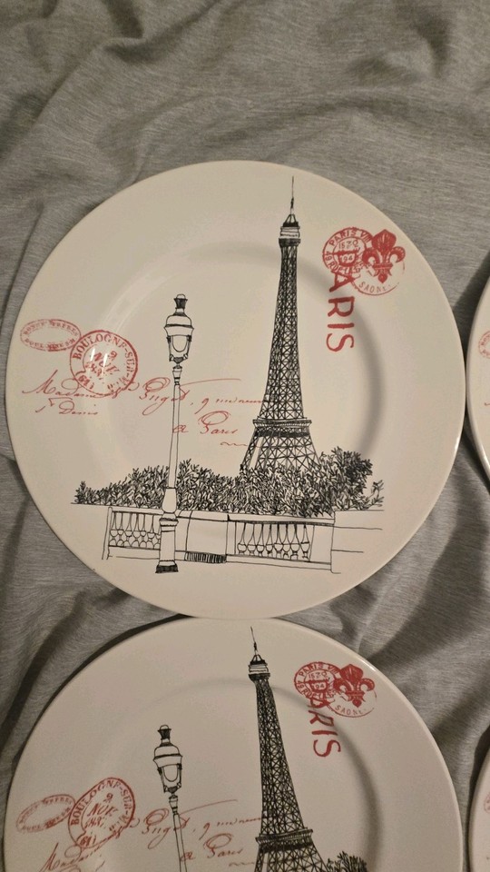 Paris Eiffel Tower Dinner Plates French Bistro Café Style Decorative 4 ...
