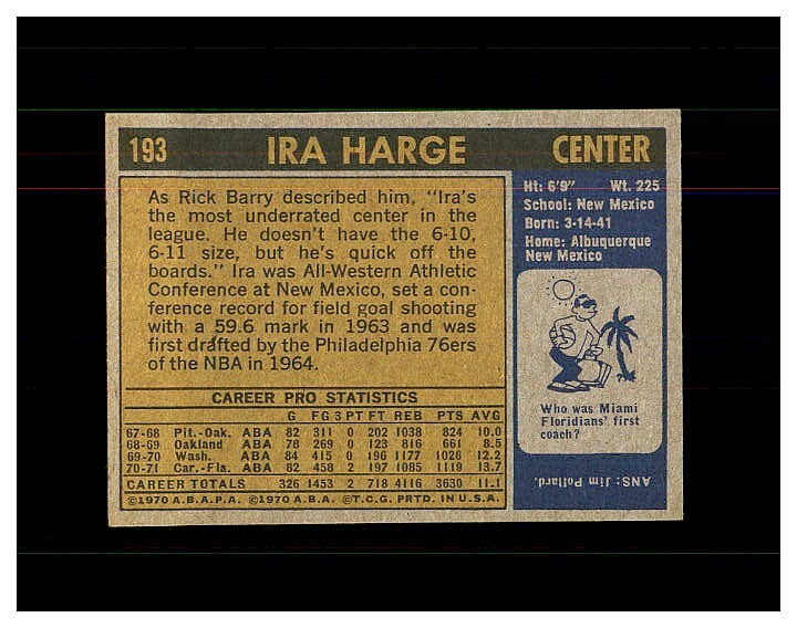 1971-72 TOPPS BASKETBALL CARD FLORIDA FLORIDIANS ABA #193 IRA HARGE NR ...