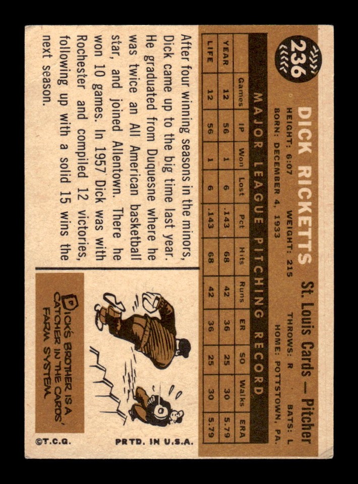 1960 Topps Baseball #236 Dick Ricketts St. Louis Cardinals | eBay