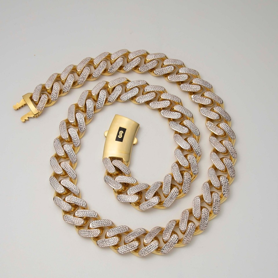 20mm Miami Cuban Diamond Cut Link Chain Two-Tone Real 10K Yellow White ...