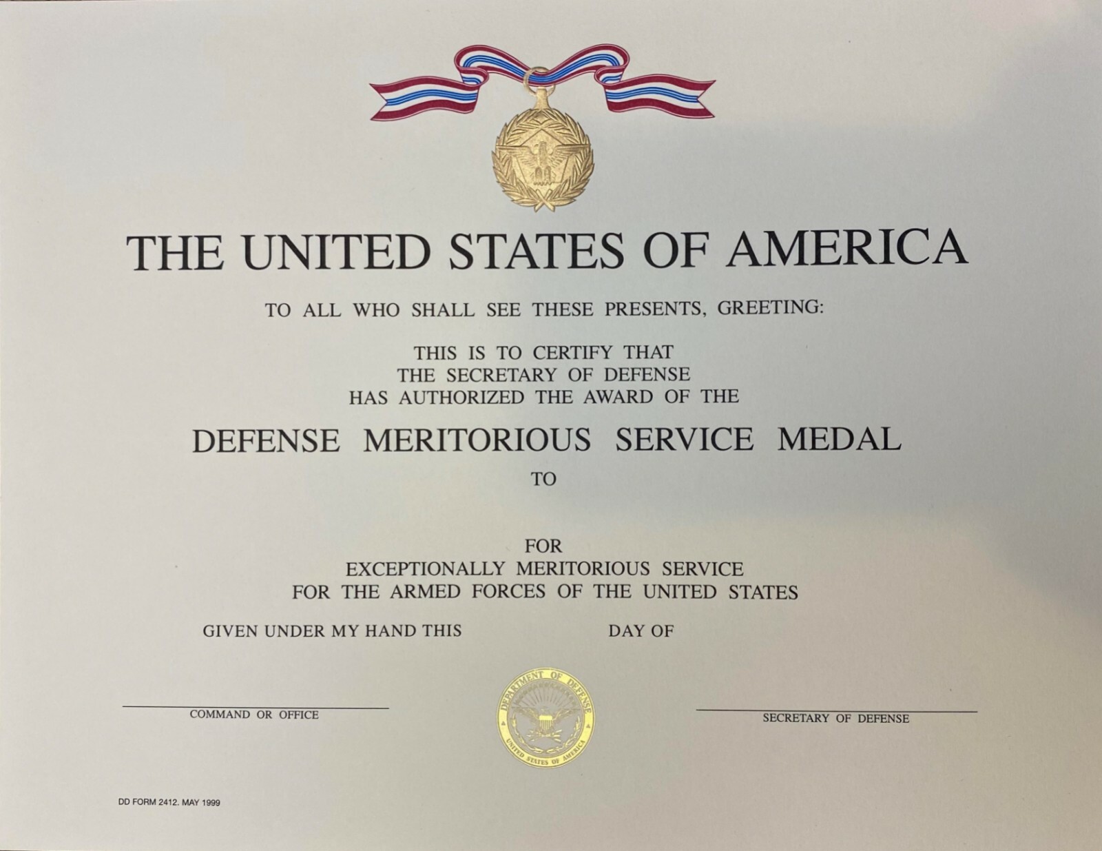 Defense Meritorious Service Medal (DMSM) Citations (Certificate ...