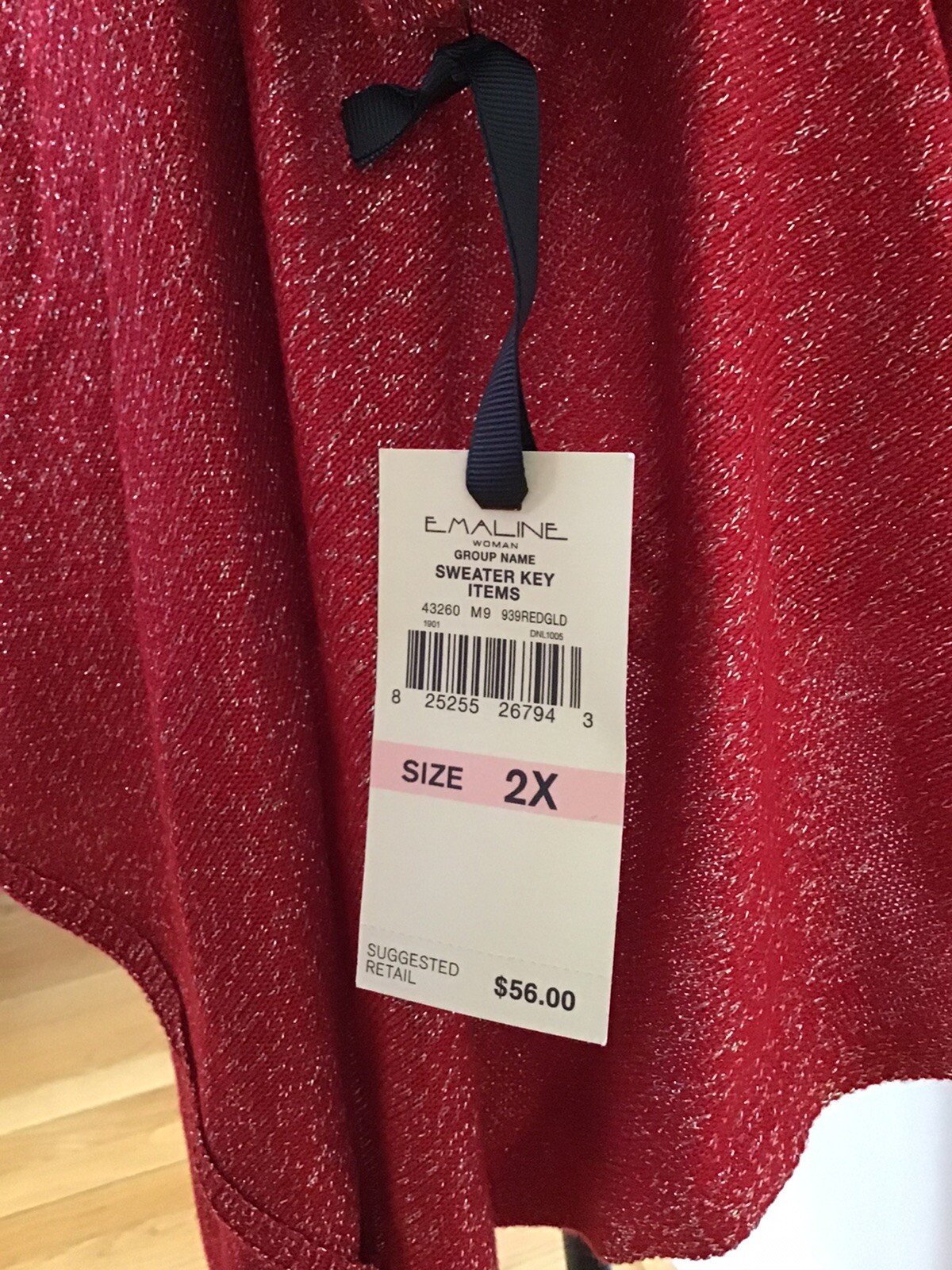 Emaline Cardigan Sidetail Open Front Sweater Red & Gold Shimmer Sz 2X ...