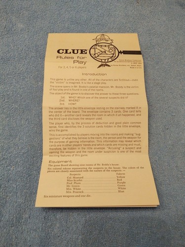 OLD Official Clue Game Rules For Play Pamphlet Manual c. 1949- 1950 | eBay