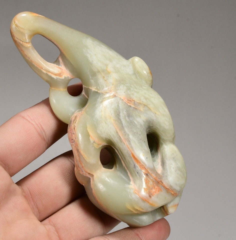 3.9" Old Hongshan Culture Natural Hetian Jade Sun God Bull Beast Animal ...