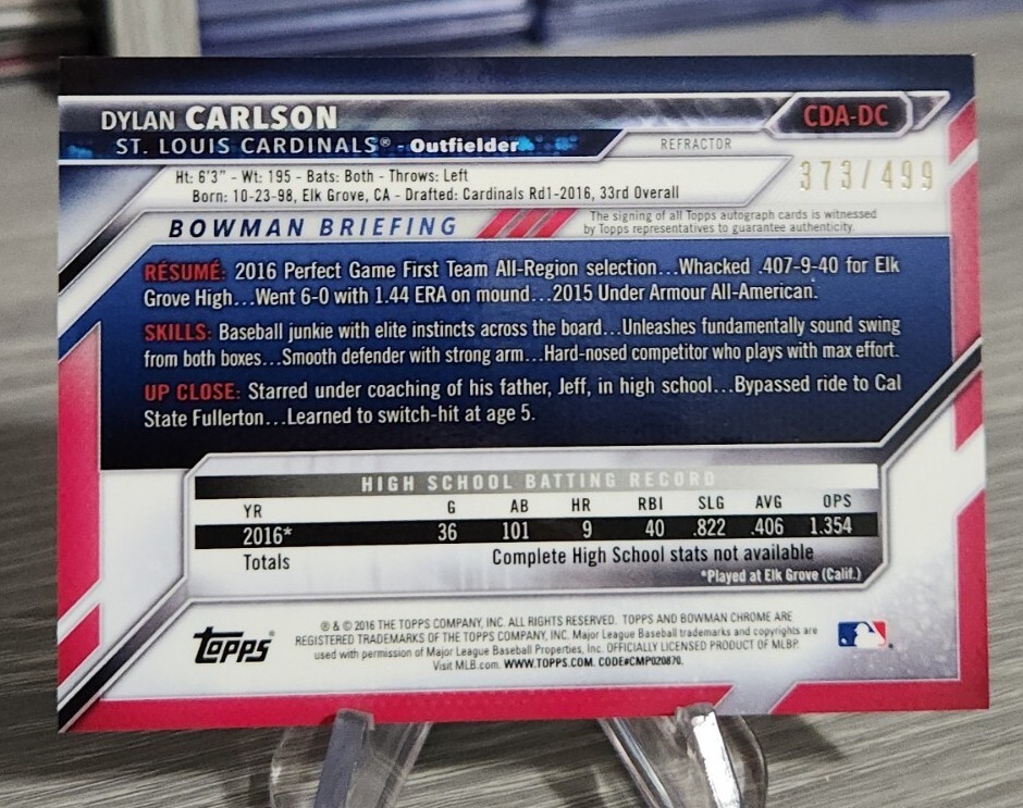 Dylan Carlson 2016 Bowman Chrome Refractor Autograph /499 St. Louis ...