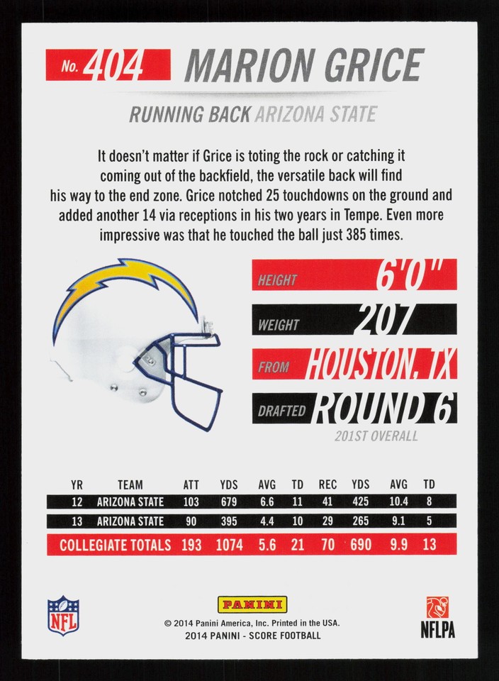 2014 Score Marion Grice #404 Football Rookie San Diego Chargers RC | eBay