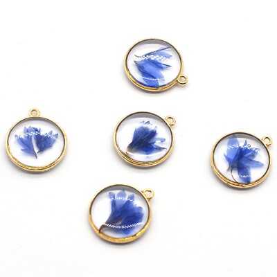 4PCS Gold Tone Real Dry Pressed Flower Resin Round Charm Pendant Supply ...