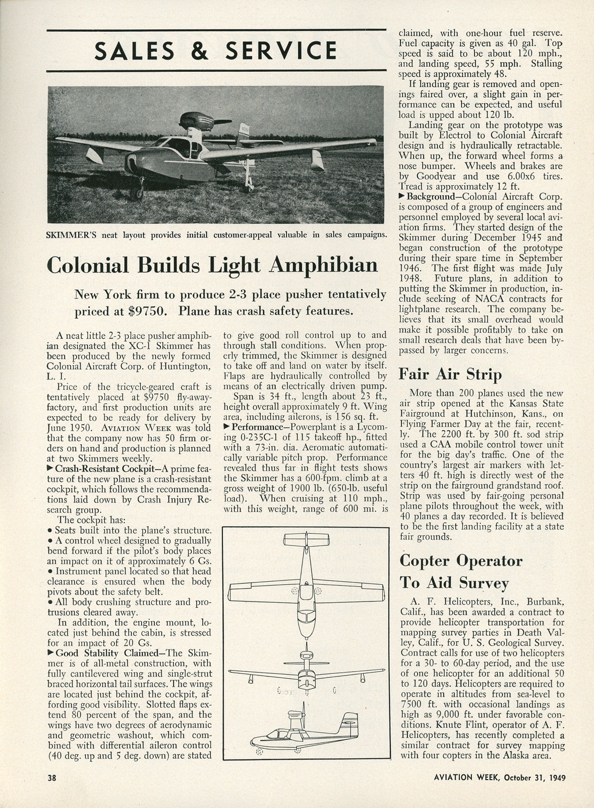 1949 Aviation Article Colonial Aircraft XC-1 Skimmer Amphibious ...