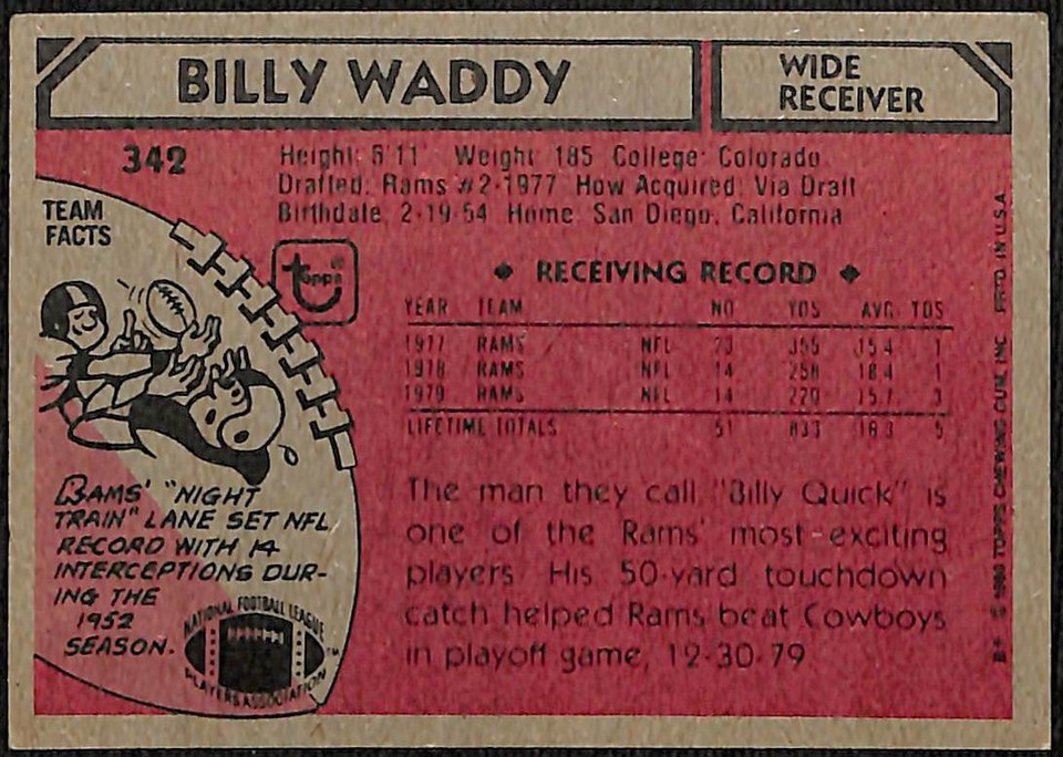 1980 Topps Billy Waddy #342 Los Angeles Rams | eBay