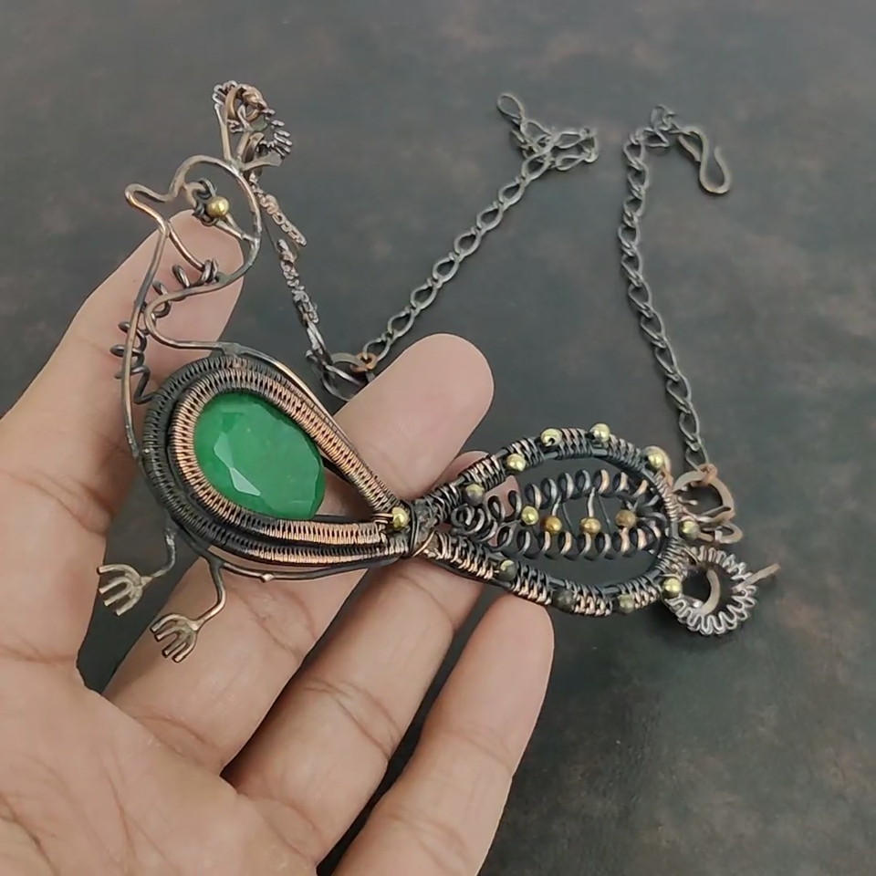 Zambian Emrald Wire Wrapped Peacock Chain Adjustable Necklace Copper 18 ...