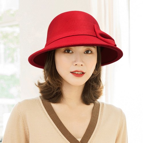 Fedora Cap Wide Brim Warm Fall Winter Elegant Bow Decor Woolen Hat Soft ...