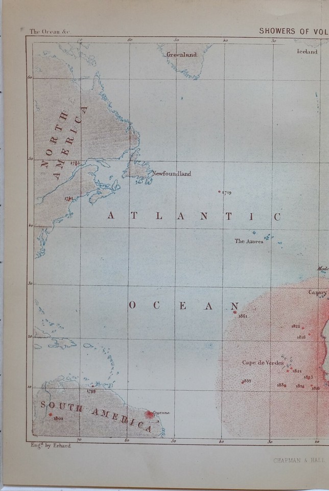 1873 MAP SHOWERS OF VOLCANIC ASHES HAIL CAPE DE VERDES EUROPE GERMANY ...