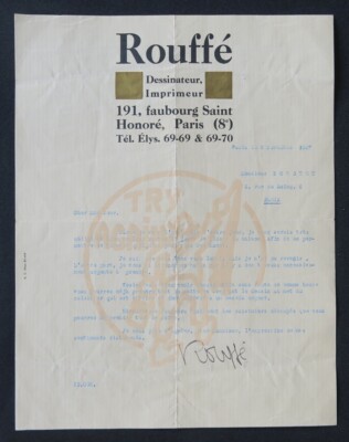 Invoice PARIS 1927 ROUFFE Dessinateur Printer Faubourg St Honoré ...