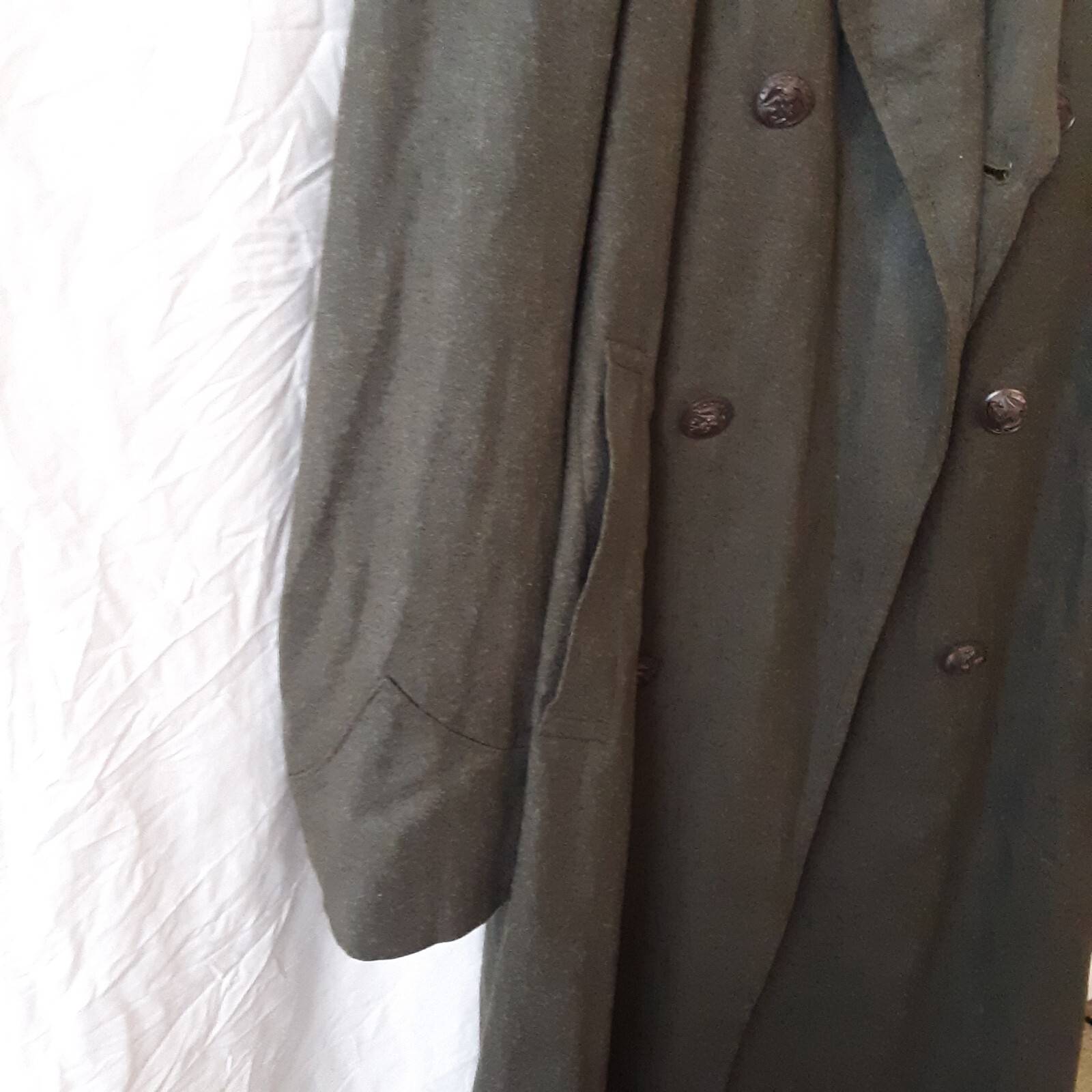 Vintage 1950s US Army Military Wool OD Green Overcoat… - Gem