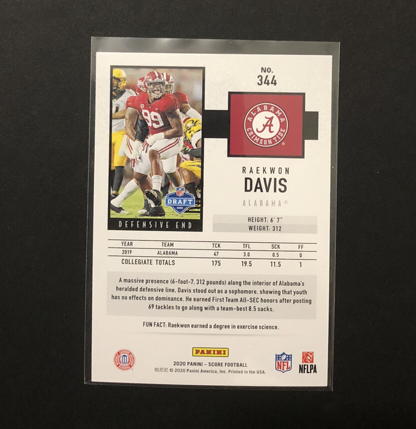 Raekwon Davis Rookie Card Score Alabama #344 | eBay