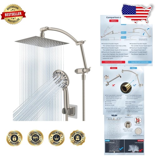 Adjustable 16'' Shower Extension Arm & 8'' Rain Shower Head Combo ...
