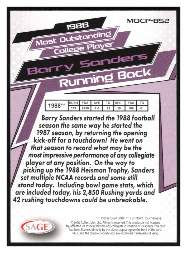 2024 SAGE HIT Outstanding Player Red #MOCP-BS2 Barry Sanders Cowboys | eBay