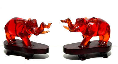 2 Chinese Red Cherry Color Acrylic Carved Elephants Statue Figurines ...