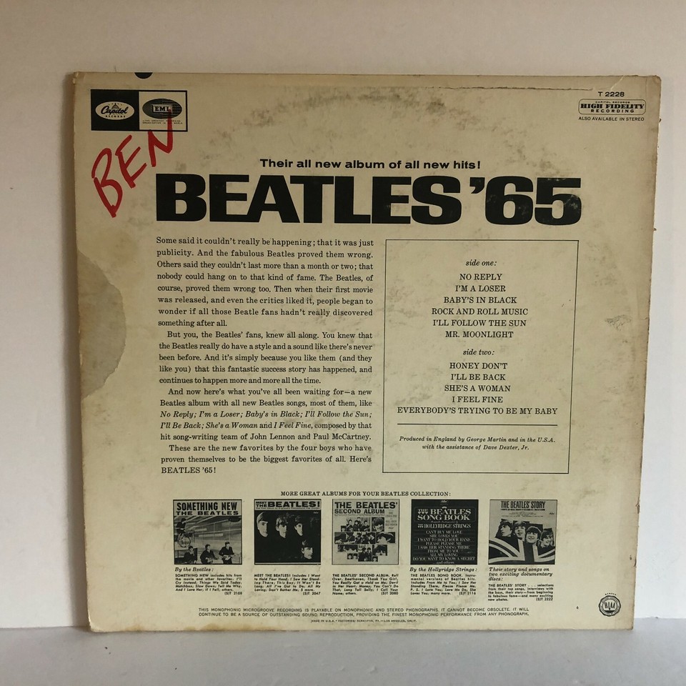 Original The Beatles '65 LP Album 1964 Capitol Records T 2228 Mono VG ...