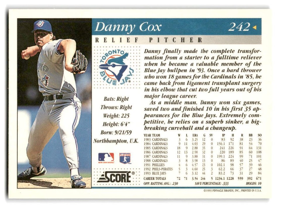 Danny Cox 1994 Score Baseball #242 Toronto Blue Jays | eBay