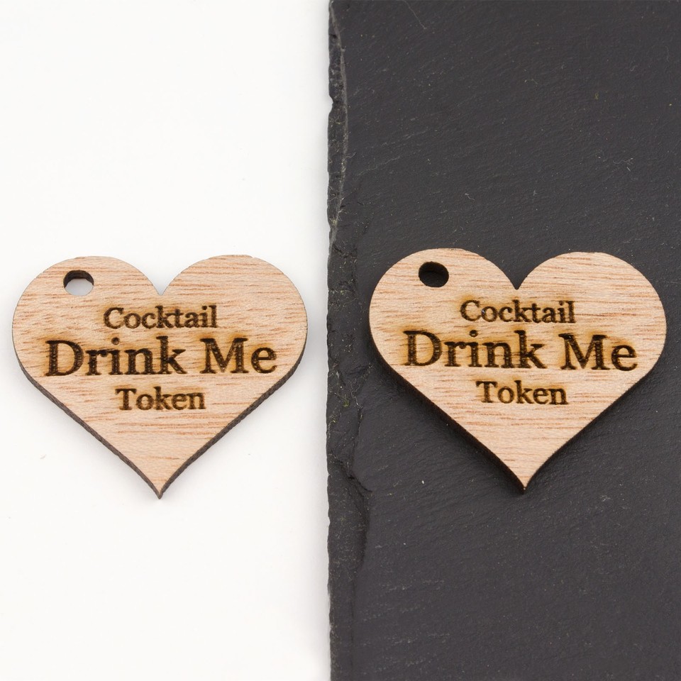Wooden Drink Tokens. 3cm Personalised Hearts. Rustic Wedding Guest ...