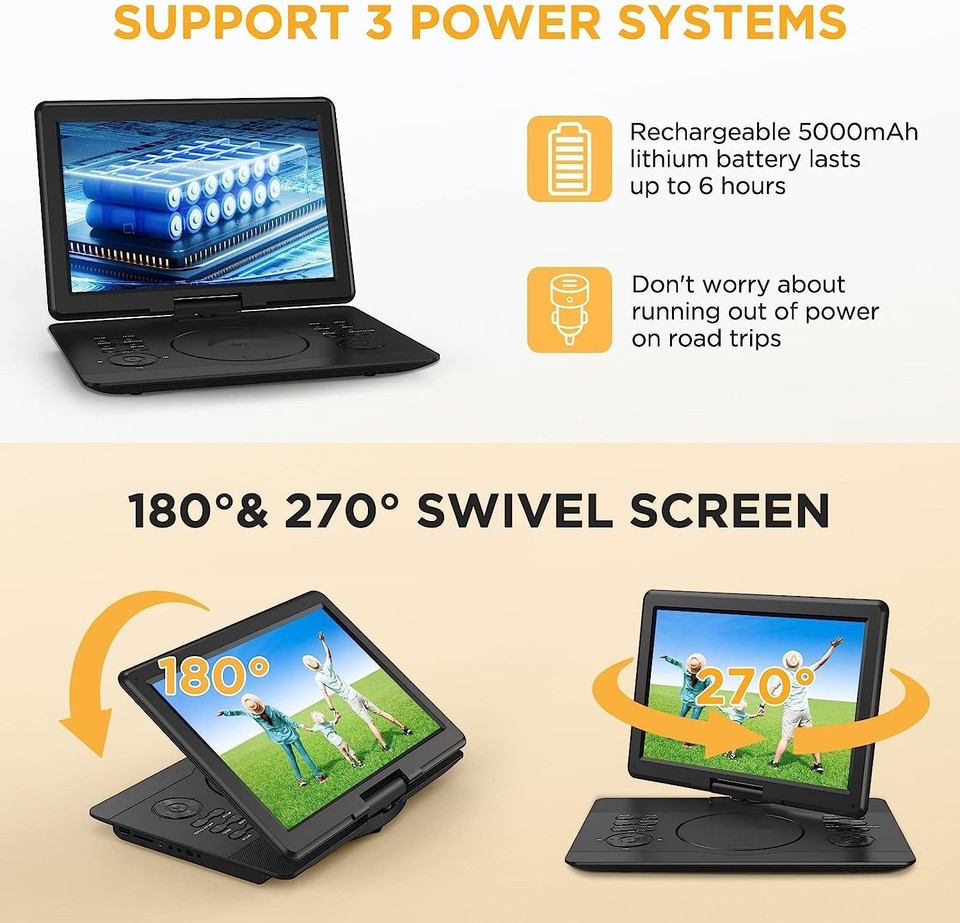 TENKER 16.9"Portable DVD Player 14.1"Swivel Screen 6 Hours Rechargeable ...