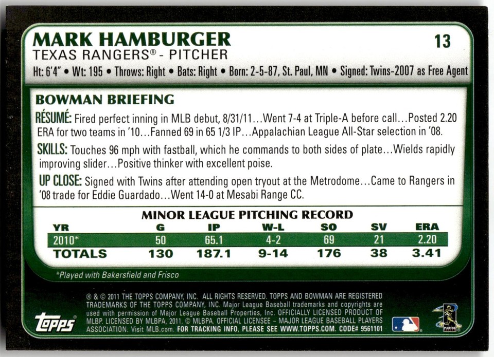 2011 Bowman Draft Picks & Prospects #13 Mark Hamburger Texas Rangers ...