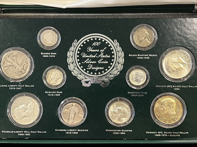 100 Years of U.S. Mint Silver Coin Designs 10- Coin Set in Display Case ...