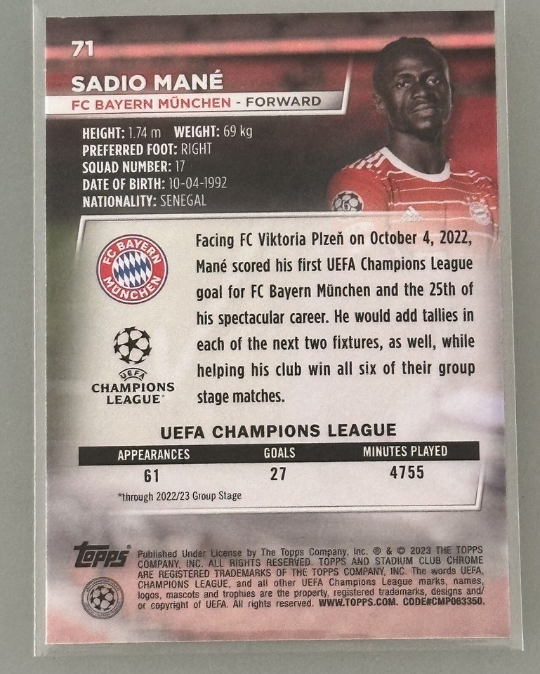 2023 Topps UEFA Stadium Club Chrome #71 Sadio Mane FC Bayern Munchen | eBay