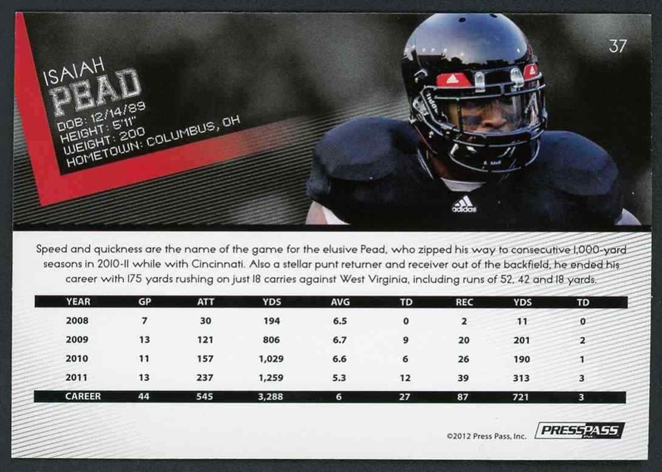 2012 Press Pass Isaiah Pead Rookie Cincinnati Bearcats #37 | eBay