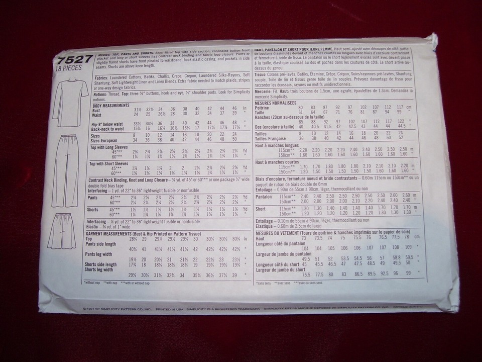 🌻UNCIRCULATED SIMPLICITY #7527-LADIES TOP or JACKET-PANTS-SHORTS ...